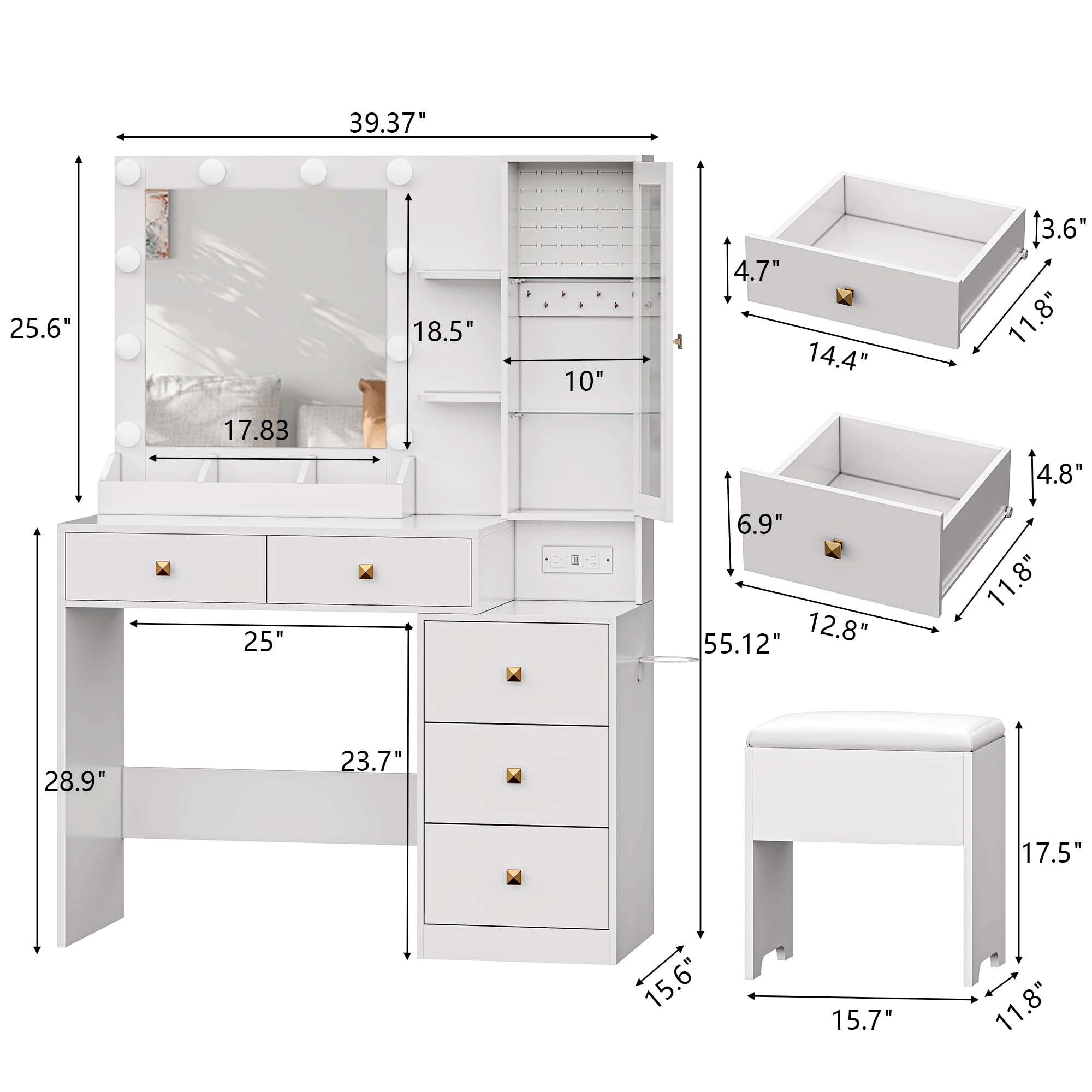 Vanity Desk with Mirror and Lights, White Makeup Vanity with 5 Drawers Hidden Jewelry Organizer& LED Glass Cabinet,3 Lights Mode and Brightness Adjusted,Vanity Mirror with Lights Desk and Chair