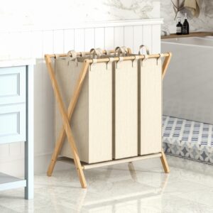 laundry hamper 3 section, Dirty Clothes Hamper with removable bags, Bamboo Laundry Basket,150L Large Laundry Sorter Organization, Foldable X-Frame Laundry Bin for Bedroom, Laundry Room, Bathroom