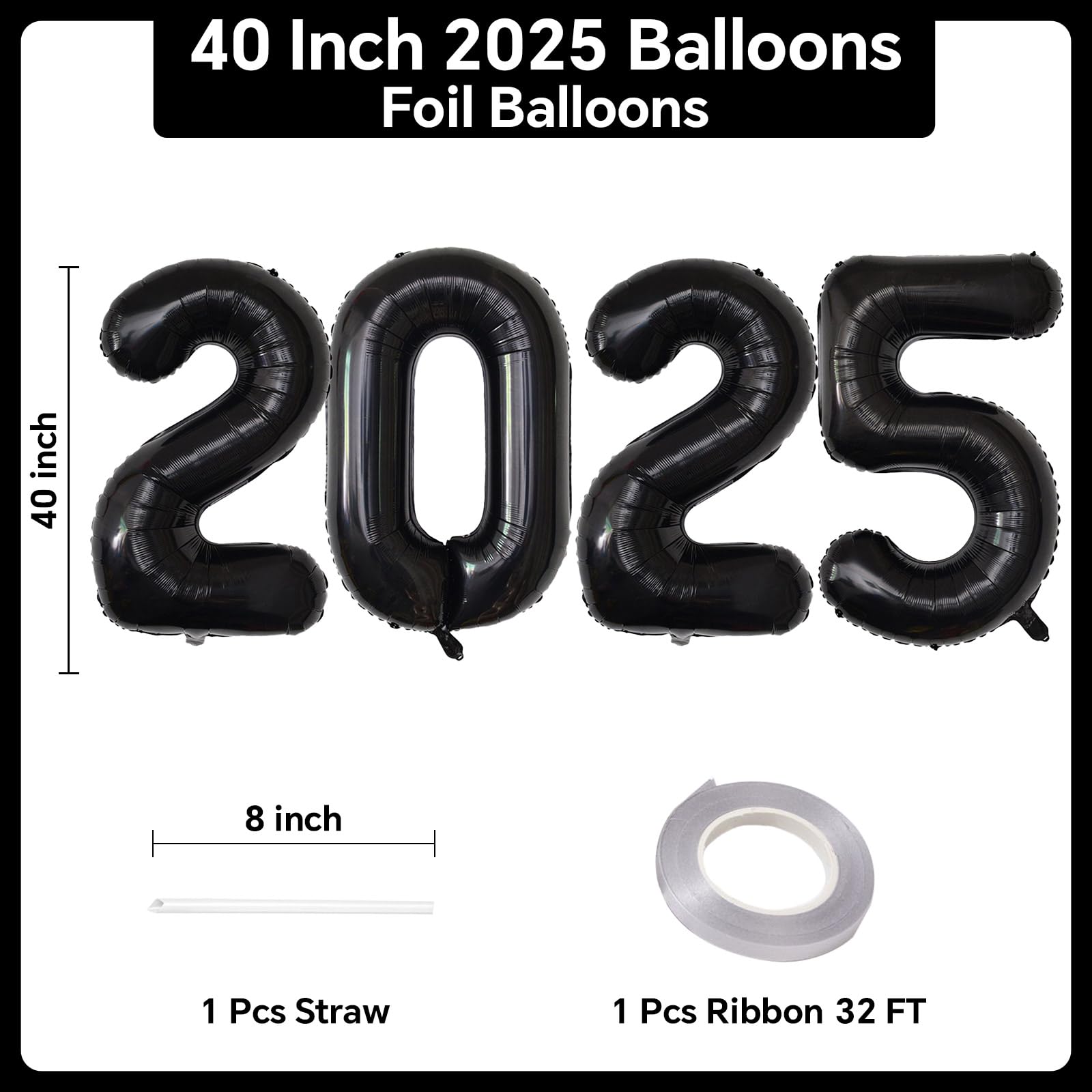 40 Inch Giant Black Number 2025 Balloon, 2025 New Years Decorations for 2025 Happy New Year Eve Christmas and Graduations Party Supplies