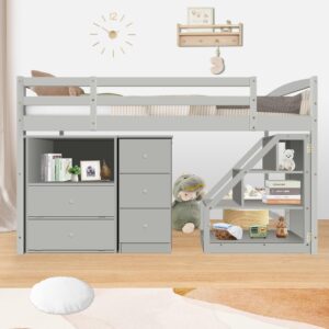 TURRIDU Low Loft Bed with Pullable Storage Staircase and 2 Cabinet, Wooden Stairway Loft Bed with Drawers and Shelves, Twin Size Bed Frame for Girls, Boys, Teens, No Box Spring Needed