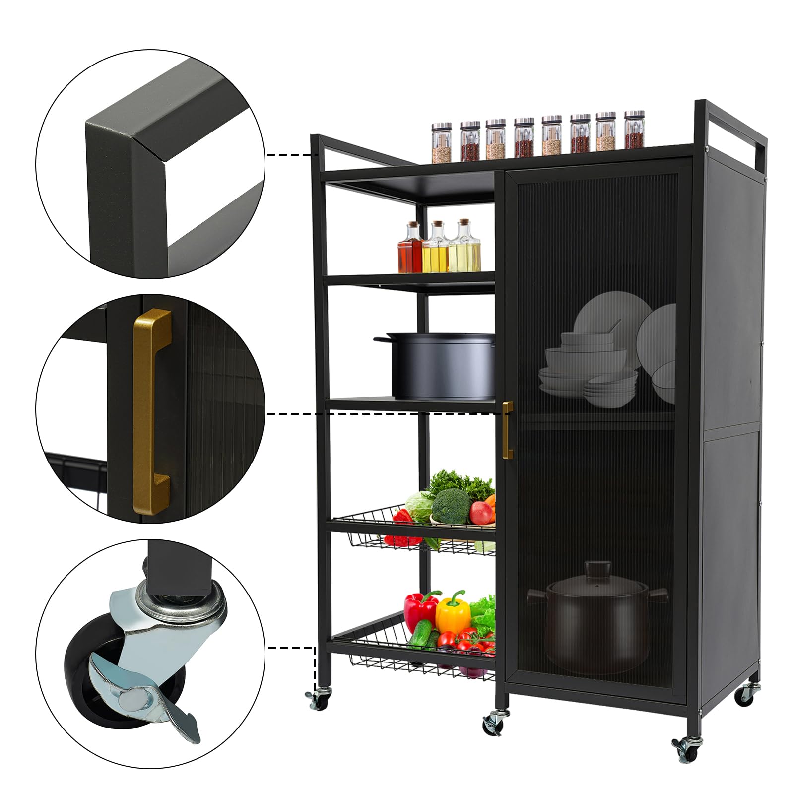 HOLMZCED 4 Tiers Kitchen Storage Shelf with Detachable Trays, Mobile Storage Cabinet with Adjustable Shelf Standing Rack Shelf with Wheels Black for Living Room Kitchen