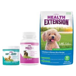 health extension dog health and nutrition bundle - multivitamin (30 tablets), little bites dry dog food chicken & brown rice recipe (4 lbs), joint & hip supplement cheese flavored powder (16oz)