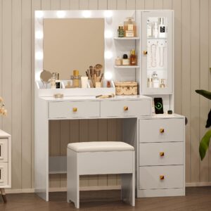 Vanity Desk with Mirror and Lights, White Makeup Vanity with 5 Drawers Hidden Jewelry Organizer& LED Glass Cabinet,3 Lights Mode and Brightness Adjusted,Vanity Mirror with Lights Desk and Chair