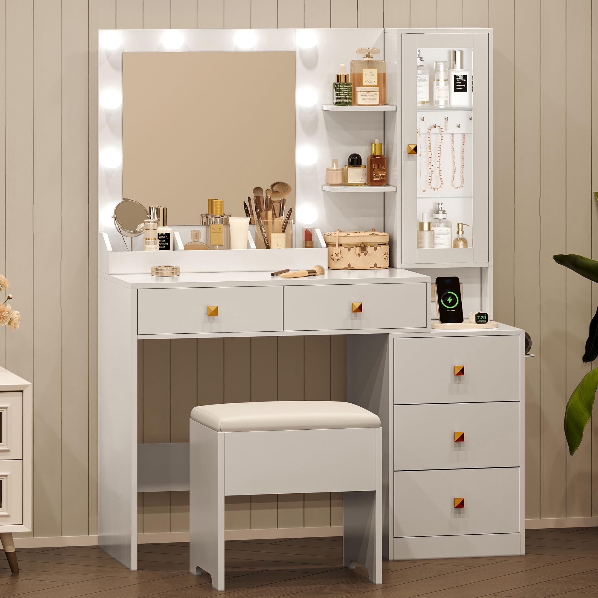 Vanity Desk with Mirror and Lights, White Makeup Vanity with 5 Drawers Hidden Jewelry Organizer& LED Glass Cabinet,3 Lights Mode and Brightness Adjusted,Vanity Mirror with Lights Desk and Chair