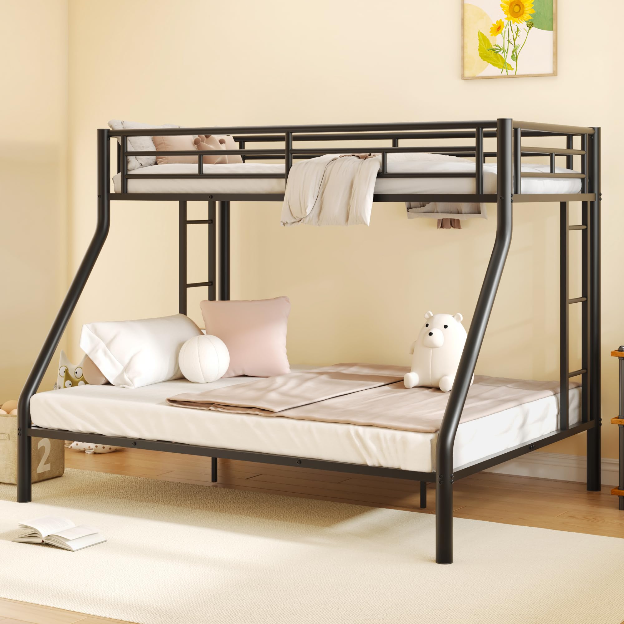 Twin XL Over Queen Bunk Bed for Boys/Girls/Teens/Adults, Heavy-Duty Metal Bunk Beds Frame with 2 Ladders & High Guardrails, Under Bed Storage Space, Noise Reduced, No Box Spring Needed,Black