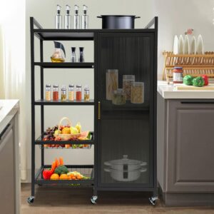 HOLMZCED 4 Tiers Kitchen Storage Shelf with Detachable Trays, Mobile Storage Cabinet with Adjustable Shelf Standing Rack Shelf with Wheels Black for Living Room Kitchen