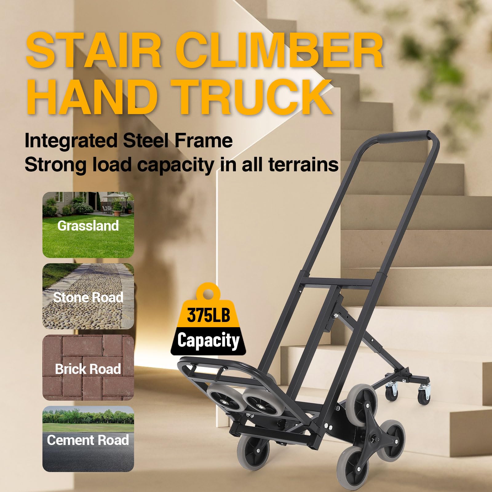 JustSmart Stair Climbing Hand Truck Cart, 375 LBS Capacity Steel Folding Dolly Cart for Stairs, Heavy Duty Stair Climber Trolley with Support Arm and 10 TPR Silent Wheels for Shopping Moving