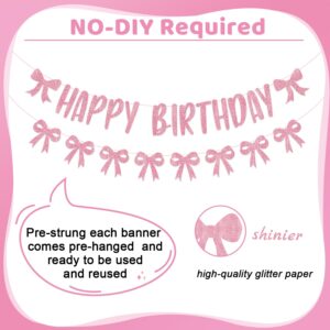 Pink Bow Birthday Decorations, Glitter Coquette Happy Birthday Banner, Girl Cute Themed Birthday Party Decorations With Happy Birthday Banner Bow Garland and Hanging Swirls Decor Supplies