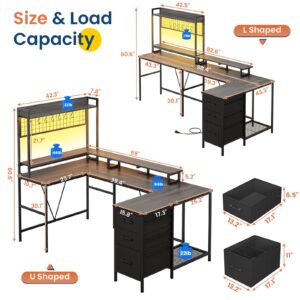 UPOSOJA U Shaped Gaming Desk with Hutch, 98.4in Reversible L Shaped Computer Desk with Power Outlets, Home Office Desk LED Light, Monitor Stand 3 Drawers Shelves 6 Hooks(Grey)