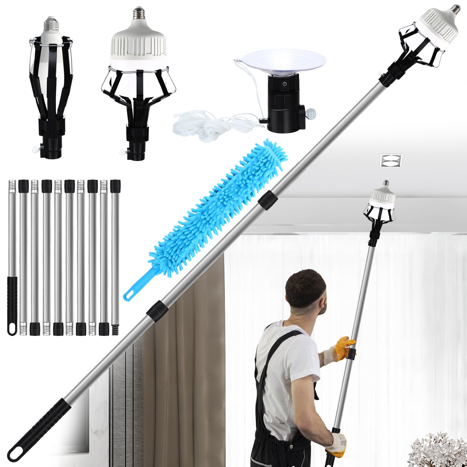 Dualshine 13FT Light Bulb Changer for High Ceilings, Light Bulb Pole Changer with Basket and Suction Cup, Light Bulb Changer with Cleaner, for High Ceilings and Embedded Lights