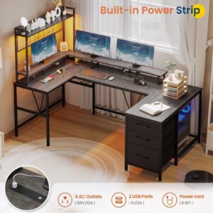 UPOSOJA U Shaped Gaming Desk with Hutch, 98.4in Reversible L Shaped Computer Desk with Power Outlets, Home Office Desk LED Light, Monitor Stand 3 Drawers Shelves 6 Hooks(Grey)