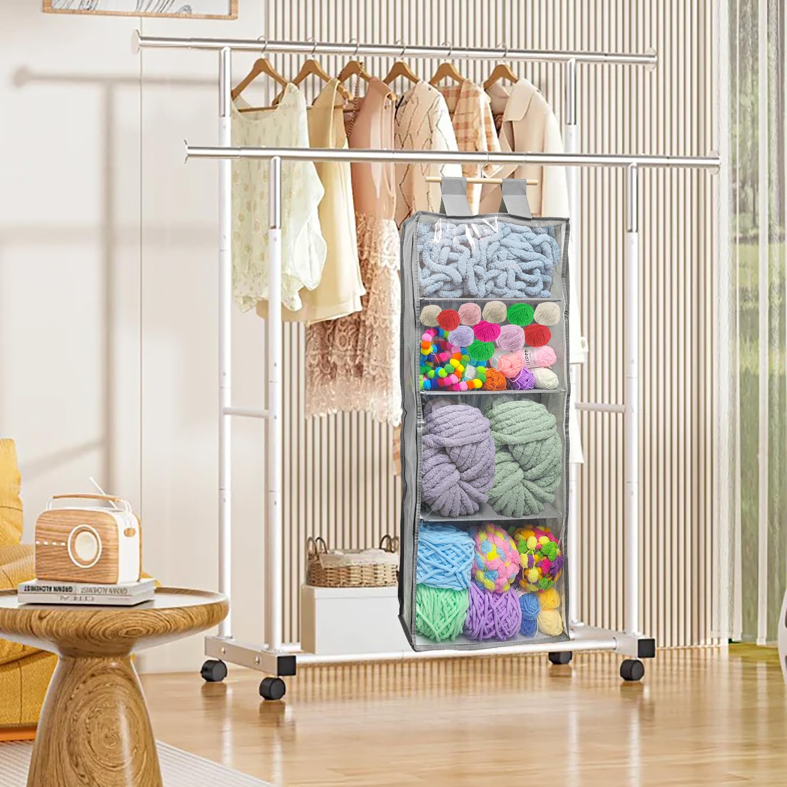 Hanging Yarn Storage Organizer with 4 Large Double Zippered Pockets - Perfect for Crochet & Knitting Lovers. Over-Door Hooks for Easy Access & Space Saving. Clear View for Quick Selection