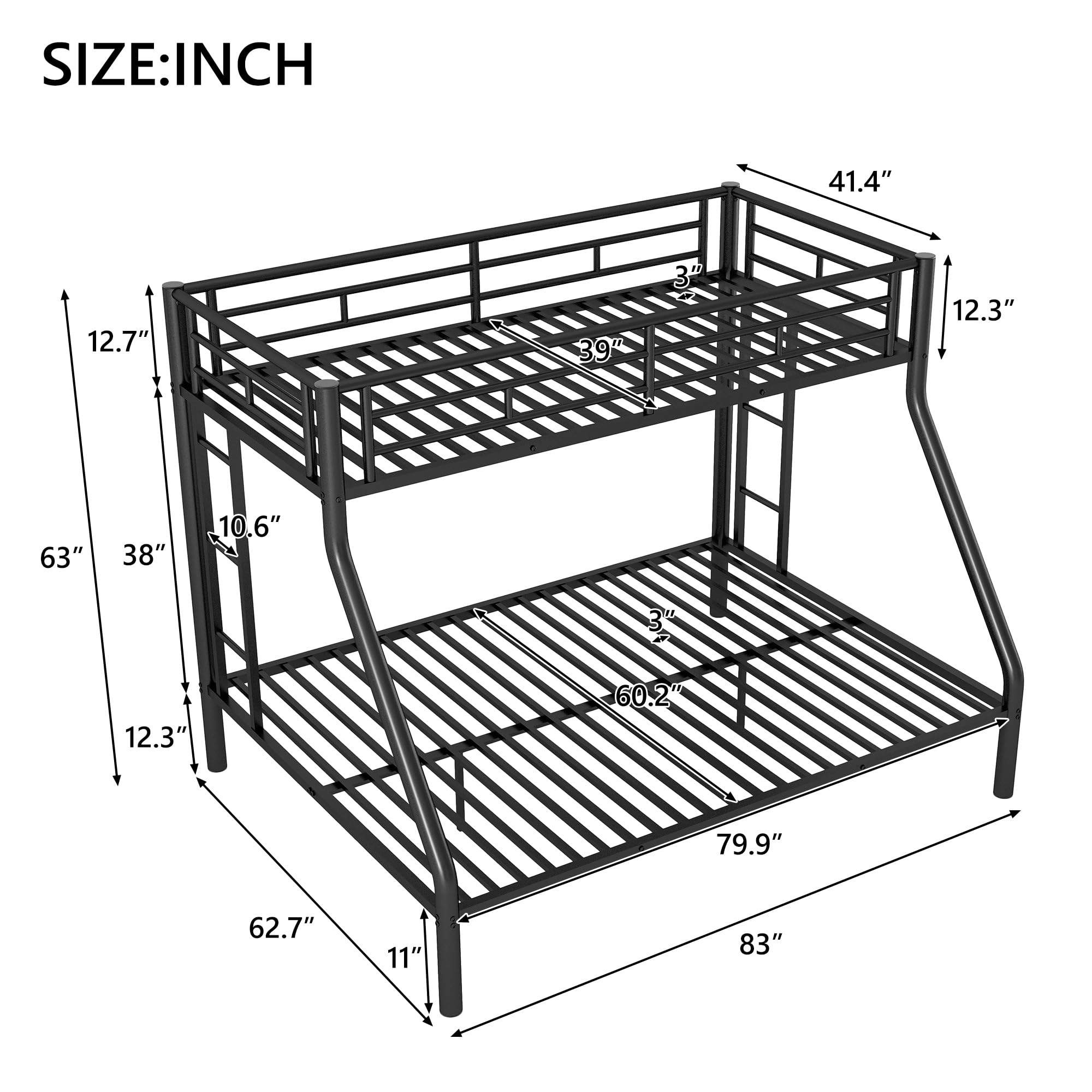 Twin XL Over Queen Bunk Bed for Boys/Girls/Teens/Adults, Heavy-Duty Metal Bunk Beds Frame with 2 Ladders & High Guardrails, Under Bed Storage Space, Noise Reduced, No Box Spring Needed,Black