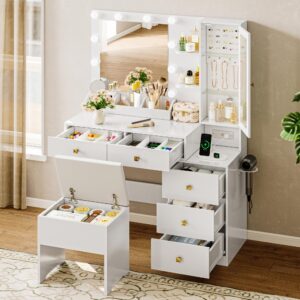 Vanity Desk with Mirror and Lights, White Makeup Vanity with 5 Drawers Hidden Jewelry Organizer& LED Glass Cabinet,3 Lights Mode and Brightness Adjusted,Vanity Mirror with Lights Desk and Chair