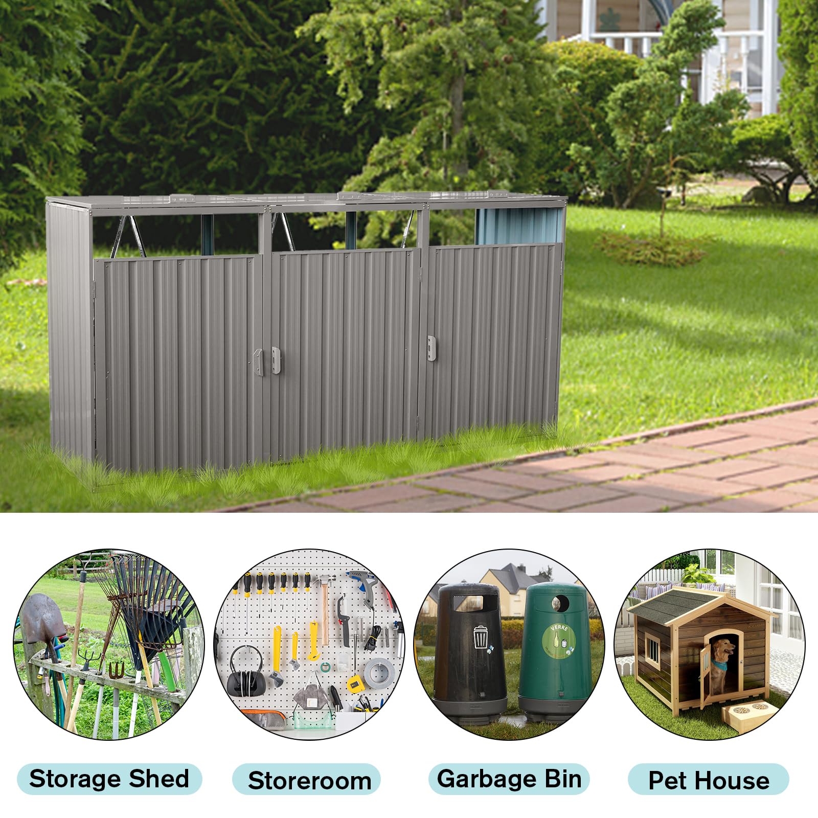 Outdoor Trash Can Storage 3 Bins,Garbage Bin Storage Shed with Waterproof Metal,Suitable for Garden Yard(Light Grey-3 Doors)