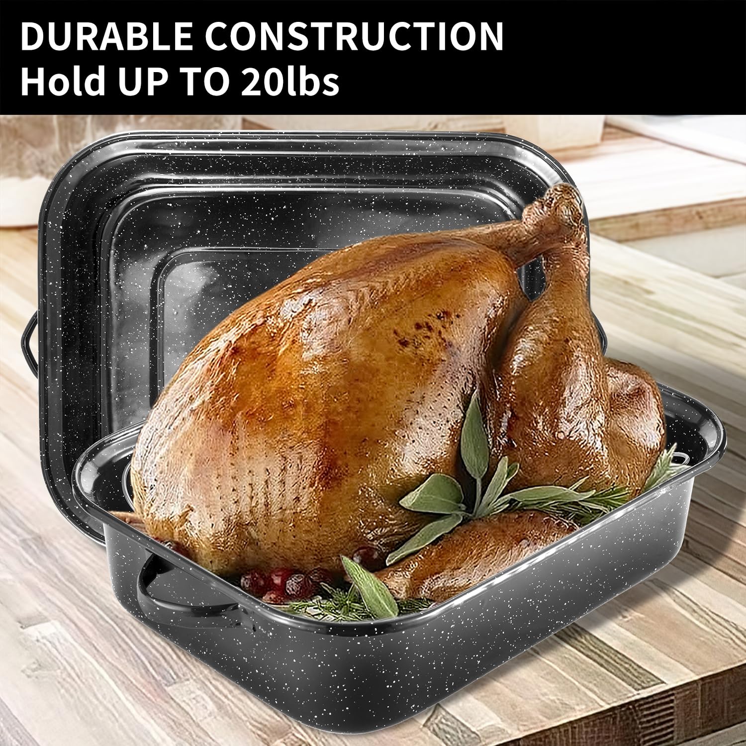 Roasting Pan With Lid and Rack, 21” Rectangular Roasting Pan, 25lb Turkey Roaster Pot, Large Oven Roaster Tray for Baking Turkey, V-Rack and Versatile Lid Bone Turkey Baster by JY COOKMENT