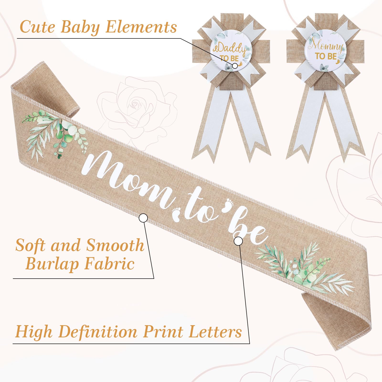 Neutral Sage Green Mom to Be Sash Baby Shower Decorations Dad to Be Pin, Rustic Boho Mommy to Be Sash Baby Shower Corsage Pin Set for Pregnant Mommy Gift Props Keepsake Gifts Party Decorations