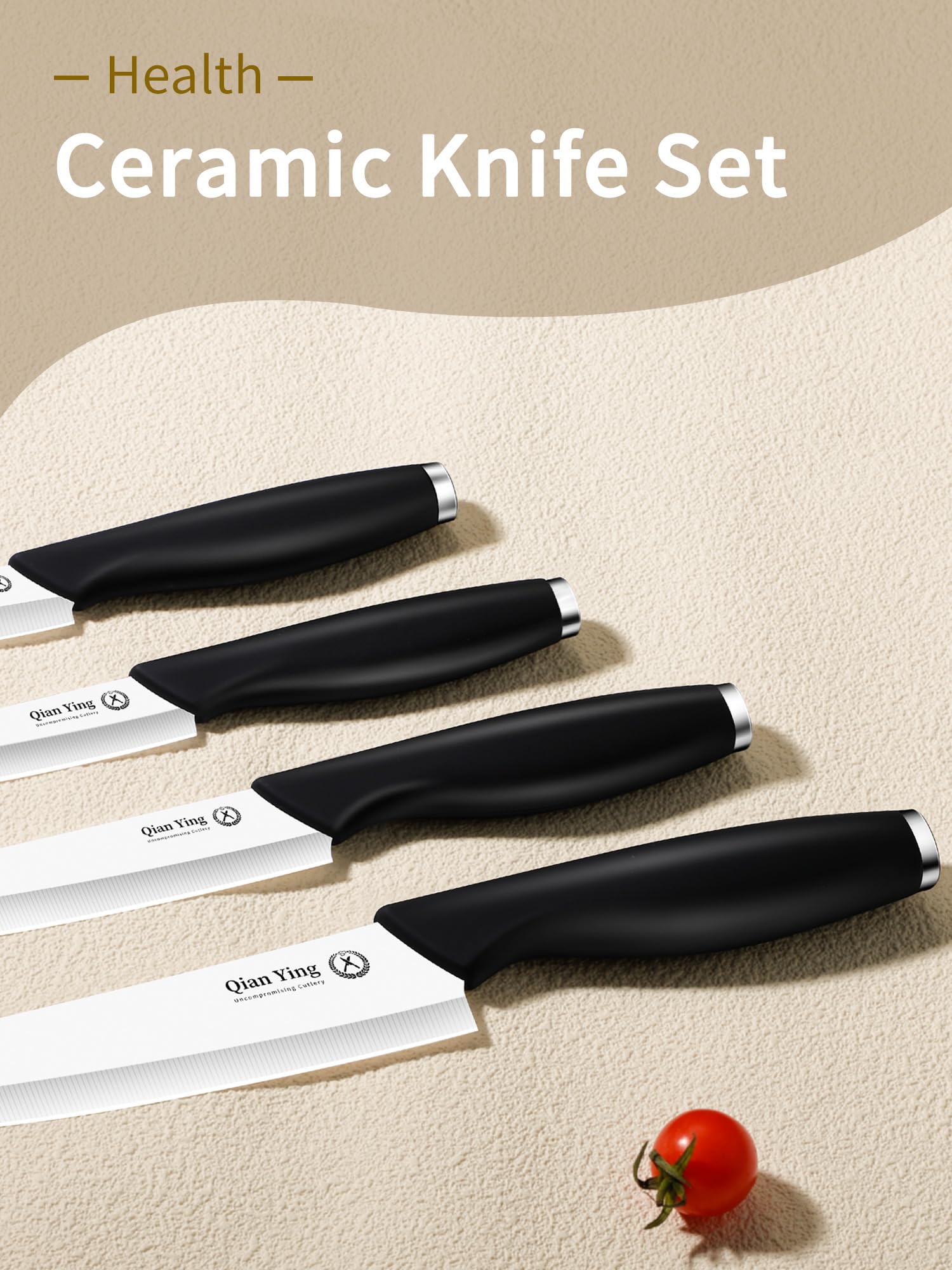 Ceramic Knife Set for Kitchen with Sheath: Sharp Blade Fruit Cutting Knives with Cover Clean Cut Edge Black Handle