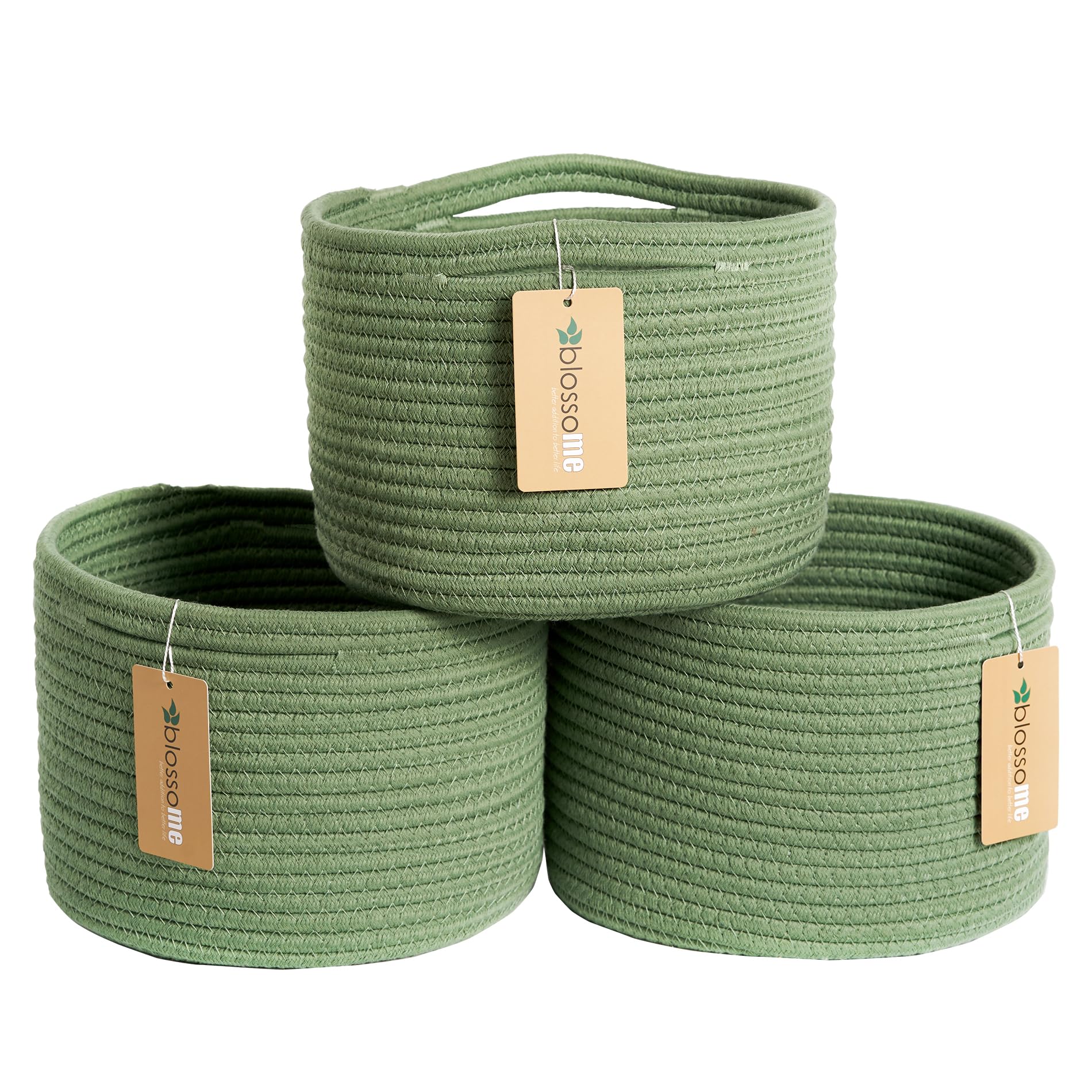 Storage Basket for Organizing | Cube Closet Rope Baskets | Cute Small Woven Toy Baskets for Nursery & Shelves | Empty Decorative Gift | Round 3Packs Green | 10”x10”x7.1”