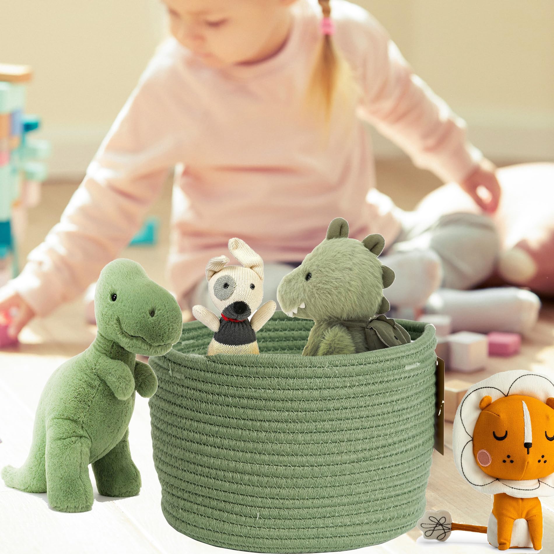 Storage Basket for Organizing | Cube Closet Rope Baskets | Cute Small Woven Toy Baskets for Nursery & Shelves | Empty Decorative Gift | Round 3Packs Green | 10”x10”x7.1”