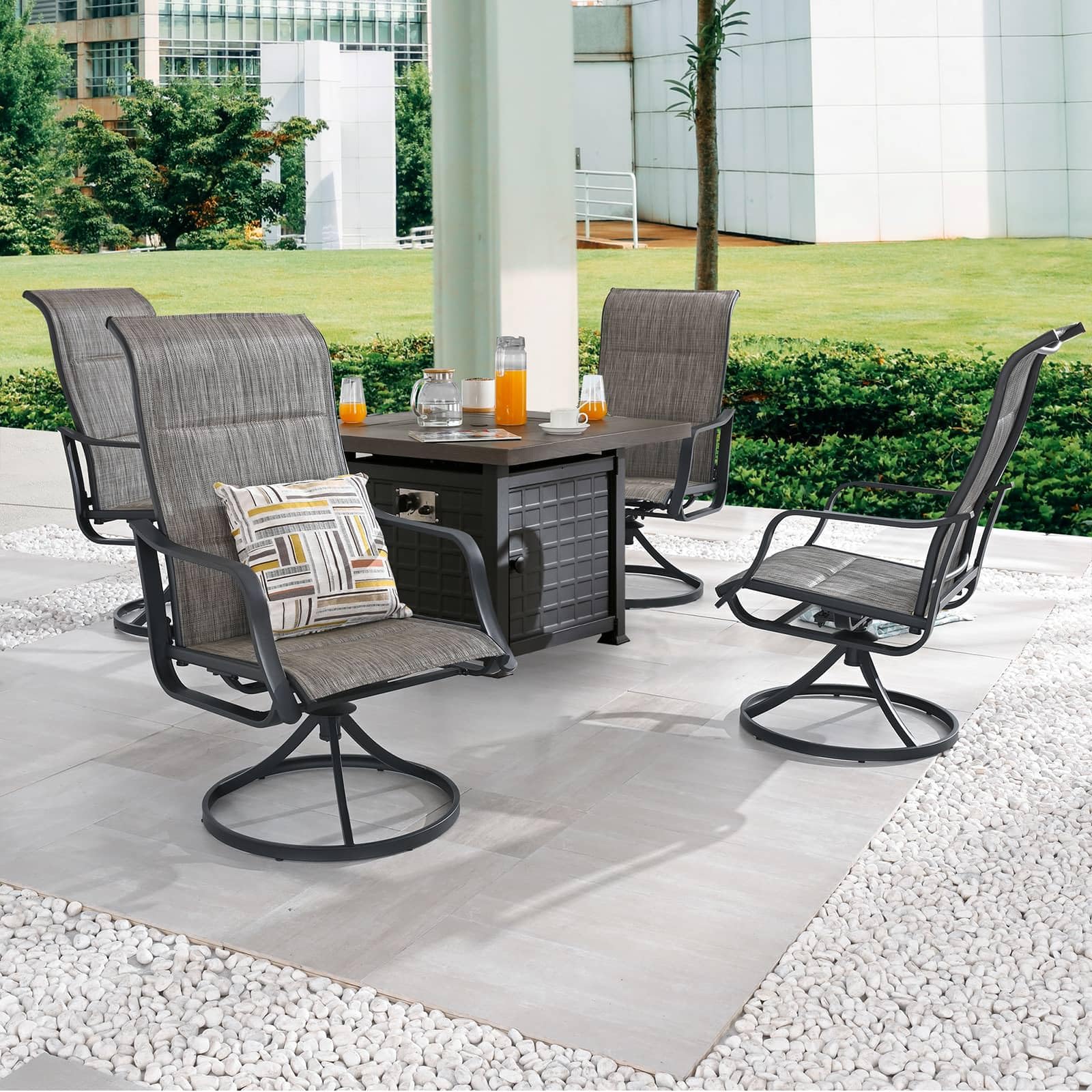 PatioFestival Patio Dining Set 5 Pieces High Back Outdoor Furniture Sets 50,000 BTU Square Propane Fire Pit Table with Outside Padded Swivel Rocker Dining Chairs (Grey)