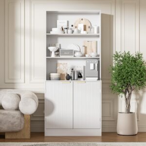 Housoul 67" Pantry Cabinet with 2 Doors, 3-Tier Modern Kitchen Hutch with Adjustable Shelves, Freestanding Larder Cupboard, Kitchen Pantry Storage Cabinet for Kitchen, Dining Room, Bathroom, White