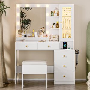 vanity desk with mirror and lights, white makeup vanity with 5 drawers hidden jewelry organizer& led glass cabinet,3 lights mode and brightness adjusted,vanity mirror with lights desk and chair