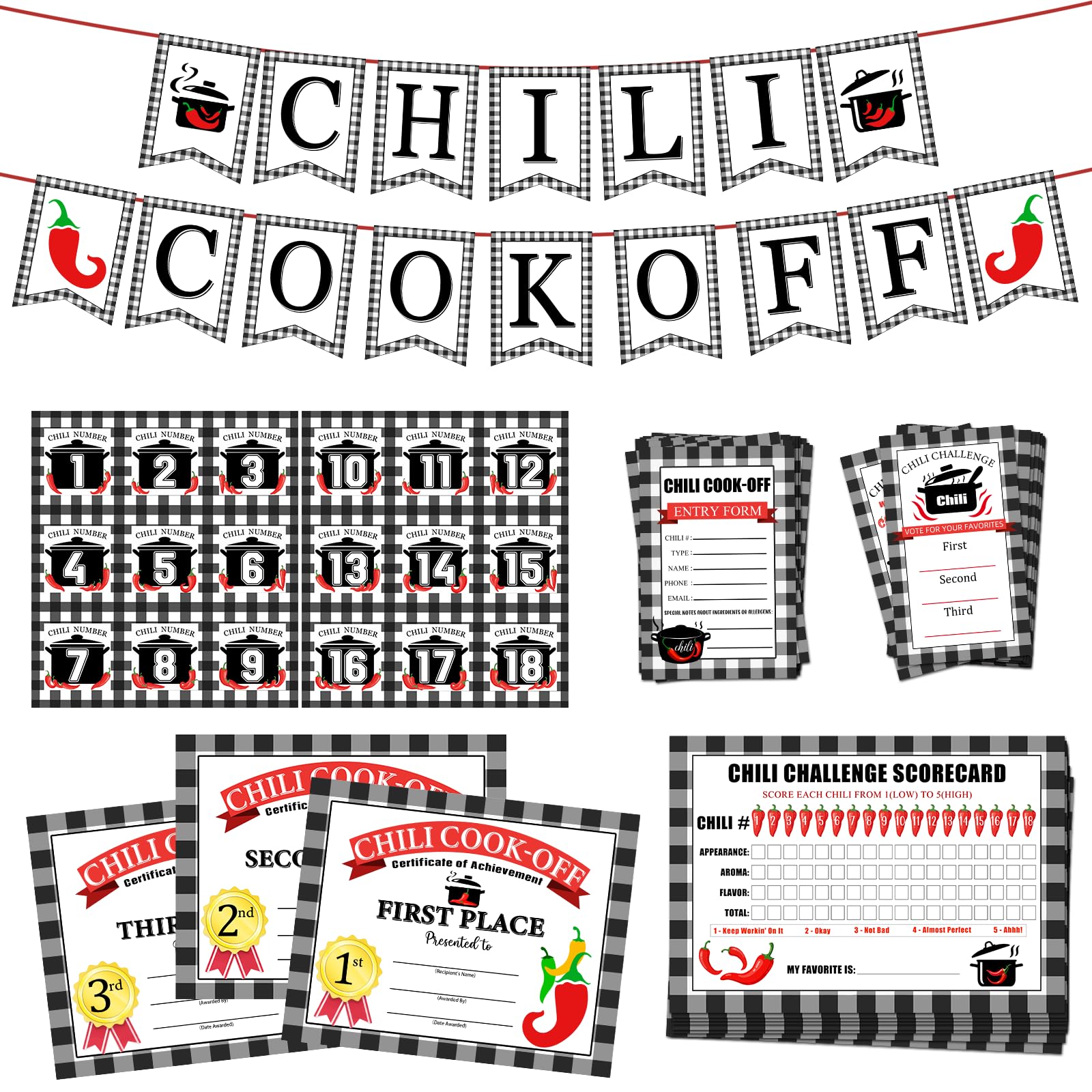 Chili Cook Off Contest Party Kit,Chili Cook off Banner,Chili Contest Entry Forms,Pot Numbers,Chili Tasting Score Cards,Chili Competition Voting Cards,Certificate of Commendation