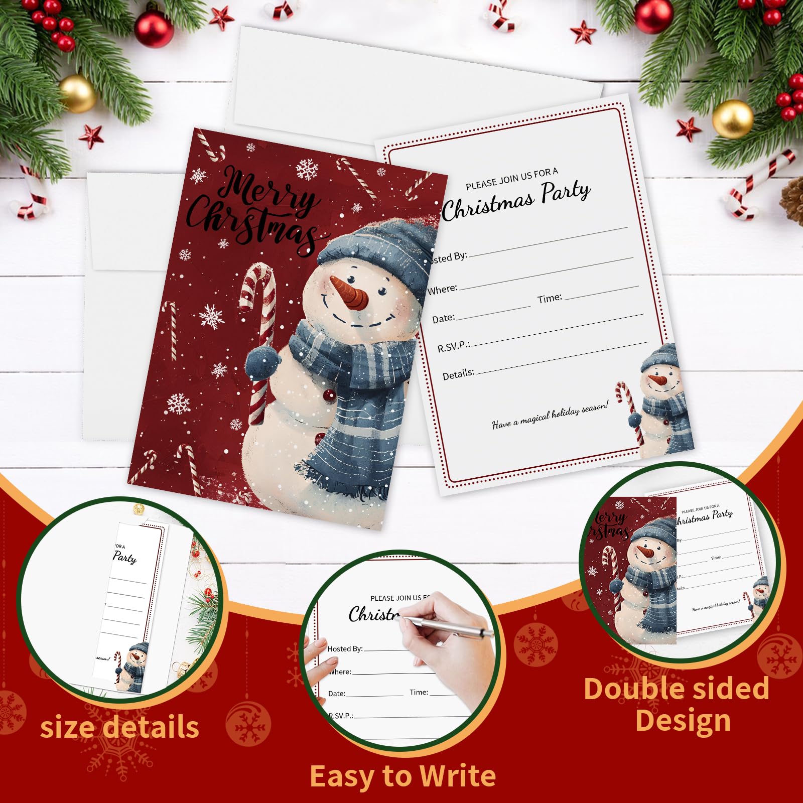 Viynran 25-Pack Christmas Party Invitations – Cartoon Red Snowman Holiday Cards with White Envelopes, Perfect for Xmas, Bridal Showers, Baby Showers, Rehearsal Dinners, and Birthday Parties