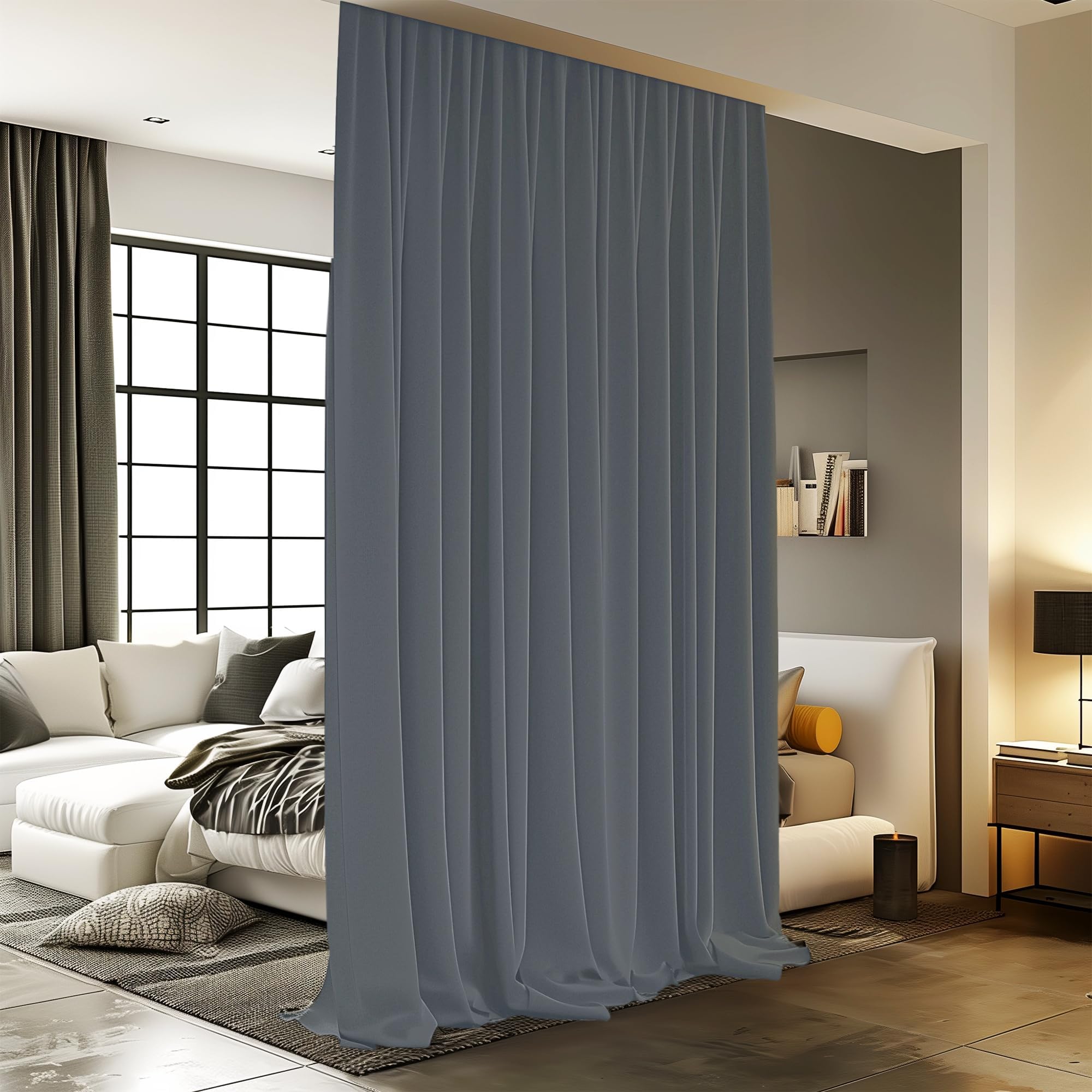 RoomDarkning Room Divider Curtains with Ceiling Track, 95% Blackout Heavy Track Ceiling Curtains Noise Reduction Privacy Curtain Track System Kits, 15 ft Wide x 8 ft Tall, Grey, 1 Panel