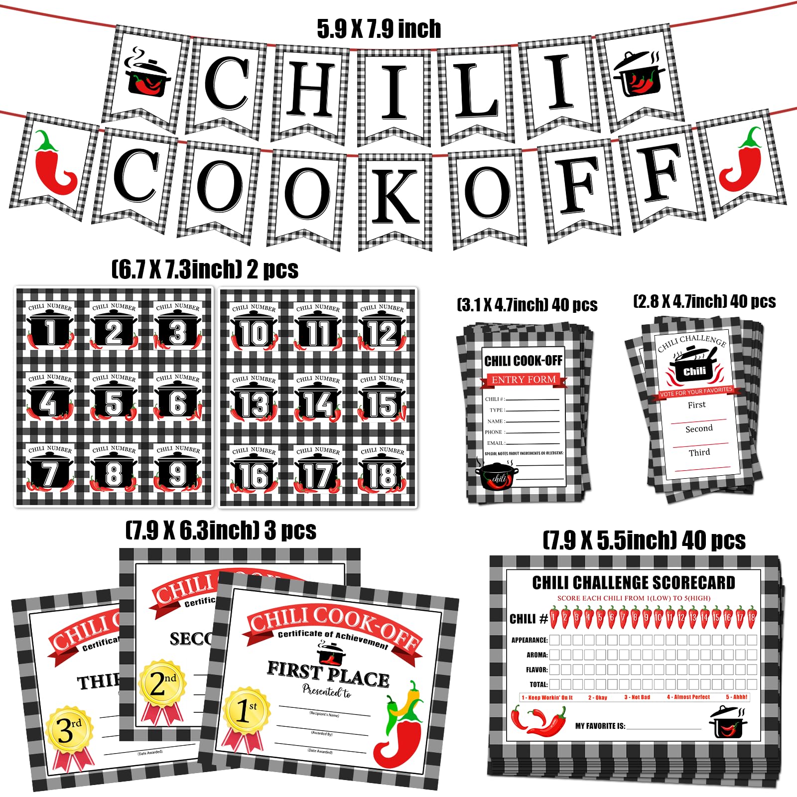 Chili Cook Off Contest Party Kit,Chili Cook off Banner,Chili Contest Entry Forms,Pot Numbers,Chili Tasting Score Cards,Chili Competition Voting Cards,Certificate of Commendation