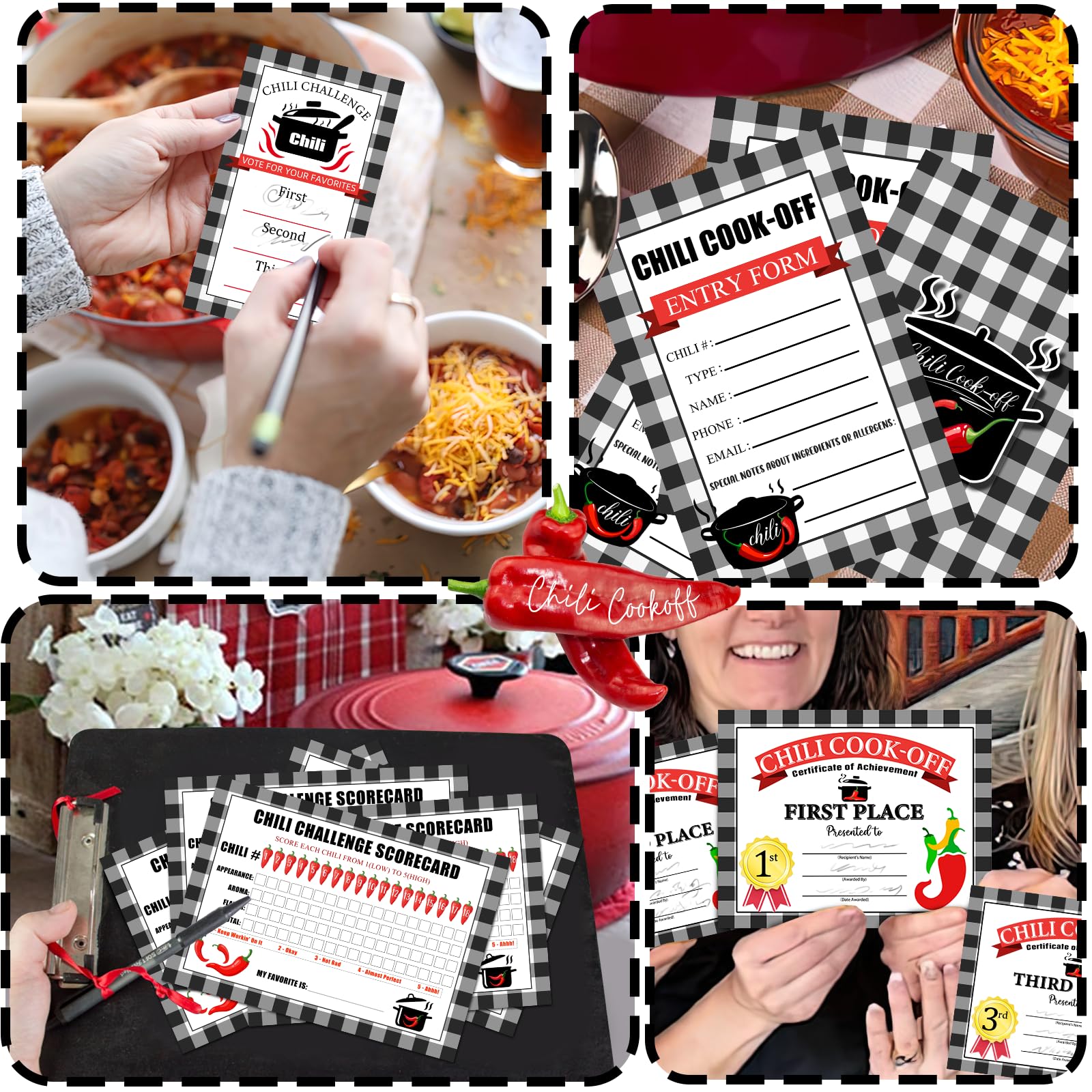 Chili Cook Off Contest Party Kit,Chili Cook off Banner,Chili Contest Entry Forms,Pot Numbers,Chili Tasting Score Cards,Chili Competition Voting Cards,Certificate of Commendation