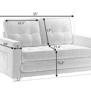 MYINDA Futon Sofa Bed, 55'' W Convertible Loveseat Sleeper with Pull Out Sofa, Space Saving Foldable Sofa Bed Couch with Side Pockets Living Room, Bedroom, Office (LightGray)