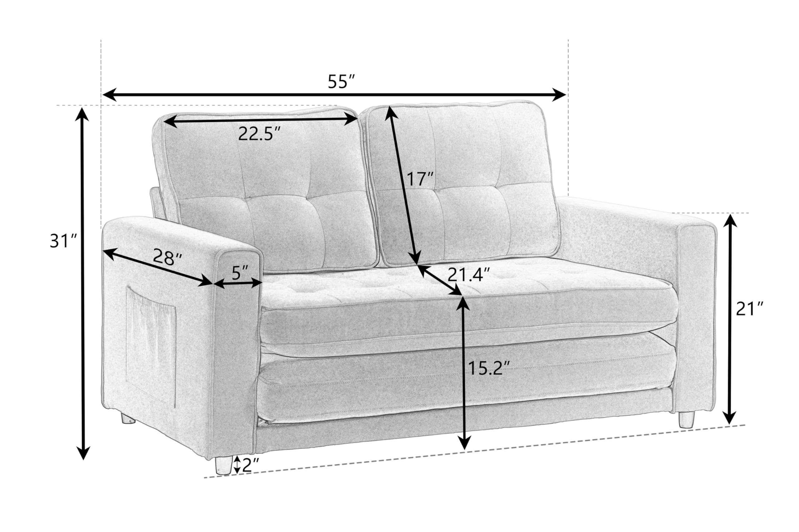 MYINDA Futon Sofa Bed, 55'' W Convertible Loveseat Sleeper with Pull Out Sofa, Space Saving Foldable Sofa Bed Couch with Side Pockets Living Room, Bedroom, Office (LightGray)