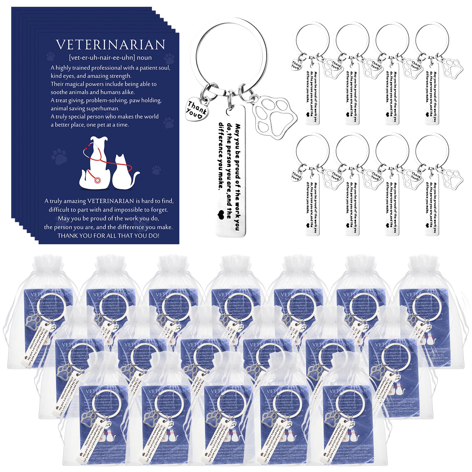 XunYee 15 Sets Christmas Vet Tech Gifts Veterinarian Thank You Keychains Paw Print Appreciation Keychains Inspirational Thank You Cards Organza Bags Appreciation Gifts Bulk for Coworker Assistant