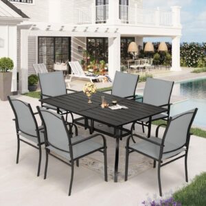 suncrown 7 - piece outdoor dining set, patio furniture set with 6 x textilene dinning chairs and 1 steel slat metal bistro table for lawn garden backyard deck, grey