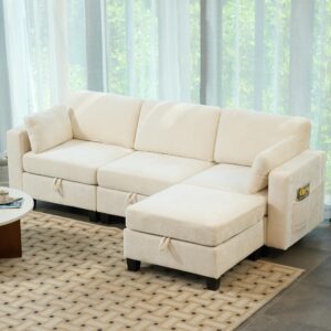 real relax oversized 100'' convertible sectional sofa couch, 3 seat l shaped chenille modular sofa with removable pillows and movable ottoman, beige