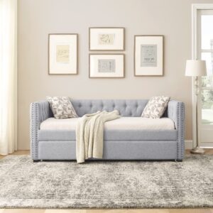 DS-HOMEPORT Daybed with Trundle, Upholstered Tufted Twin Sofa Bed with Button and Copper Nail on Square Arm (Grey)