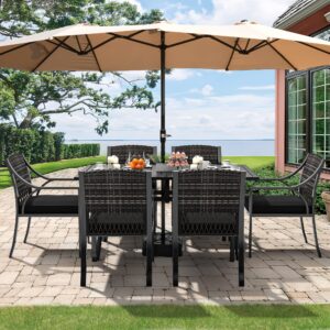 YITAHOME 7 Piece Patio Dining Set, Outdoor Patio Wicker Conversation Furniture Set with Umbrella Hole and All Iron Frame for Lawn Garden Backyard Deck, Soft Black Cushions (Black)