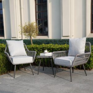 3 piece patio furniture set small outdoor wicker rattan front porch bistro chairs conversation with glass table grey modern contemporary urban rectangular metal polyester