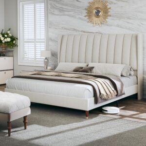 huahuu queen bed frame with headboard, beige upholstered bed frame queen with vertical channel tall wingback headboard, wooden slats support, no box spring needed, no-noise, easy assembly