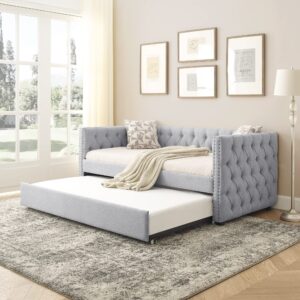 ds-homeport daybed with trundle, upholstered tufted twin sofa bed with button and copper nail on square arm (grey)