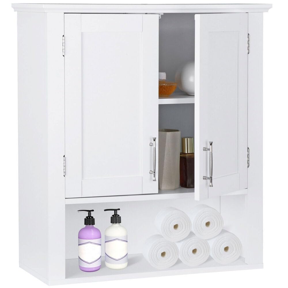 Elegant White Bathroom Wall Cabinet Over Toilet - Stylish 2-Door Medicine Cabinet with Adjustable Inner Shelves for Bathroom and Living Room Organization