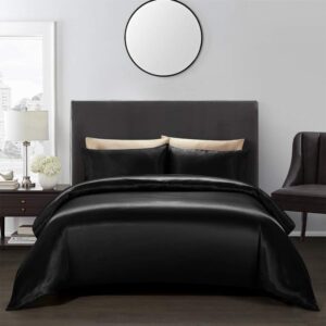 Kanak Bedding Satin Duvet Fitted Set, Ultra Soft Silky Satin 4 Pieces Duvet Cover Sets (1 Duvet Cover + 1 Fitted Sheet 15" Deep + 2 Pillow Shams),King Size,Black