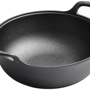 Firequasar Cast Iron Wok with Loop Handle, Large Wok Stir with Dual Handle, Pre-Seasoned Woks & Stir-Fry Pans (11" inch)