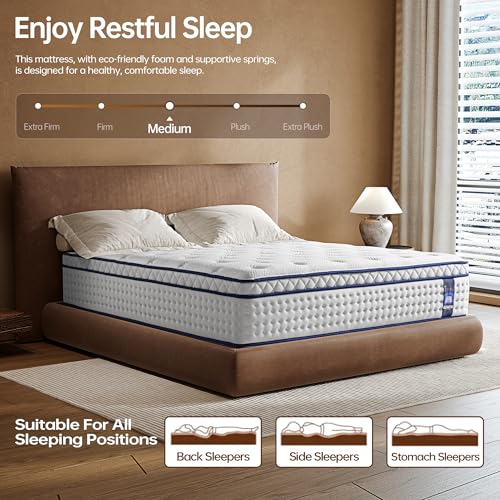 Queen Size Mattress,10 Inch Queen Mattress in a Box,with Memory Foam&Coil Pocket Springs,Medium Firm,Motion Isolation&Pain Relief&Lumbar Support,Enhanced Edge Support,Certified Safe Foam&Fabrics