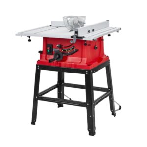 table saw 10 inch, 5000rpm powerful tablesaw with stand & protective cover, 90°cross cut & 0-45°bevel cut, jobsite table saw adjustable depth, for woodworking, metal, plastic