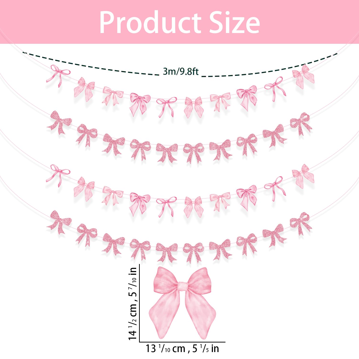 4 Pcs Pink Bow Party Decorations Banner, NO-DIY Coquette Birthday Decorations Garland, Girls Baby Shower Bow Birthday Decorations, Pink Bow Decor Banner for Bridal Shower Bachelorette Party Bow Party