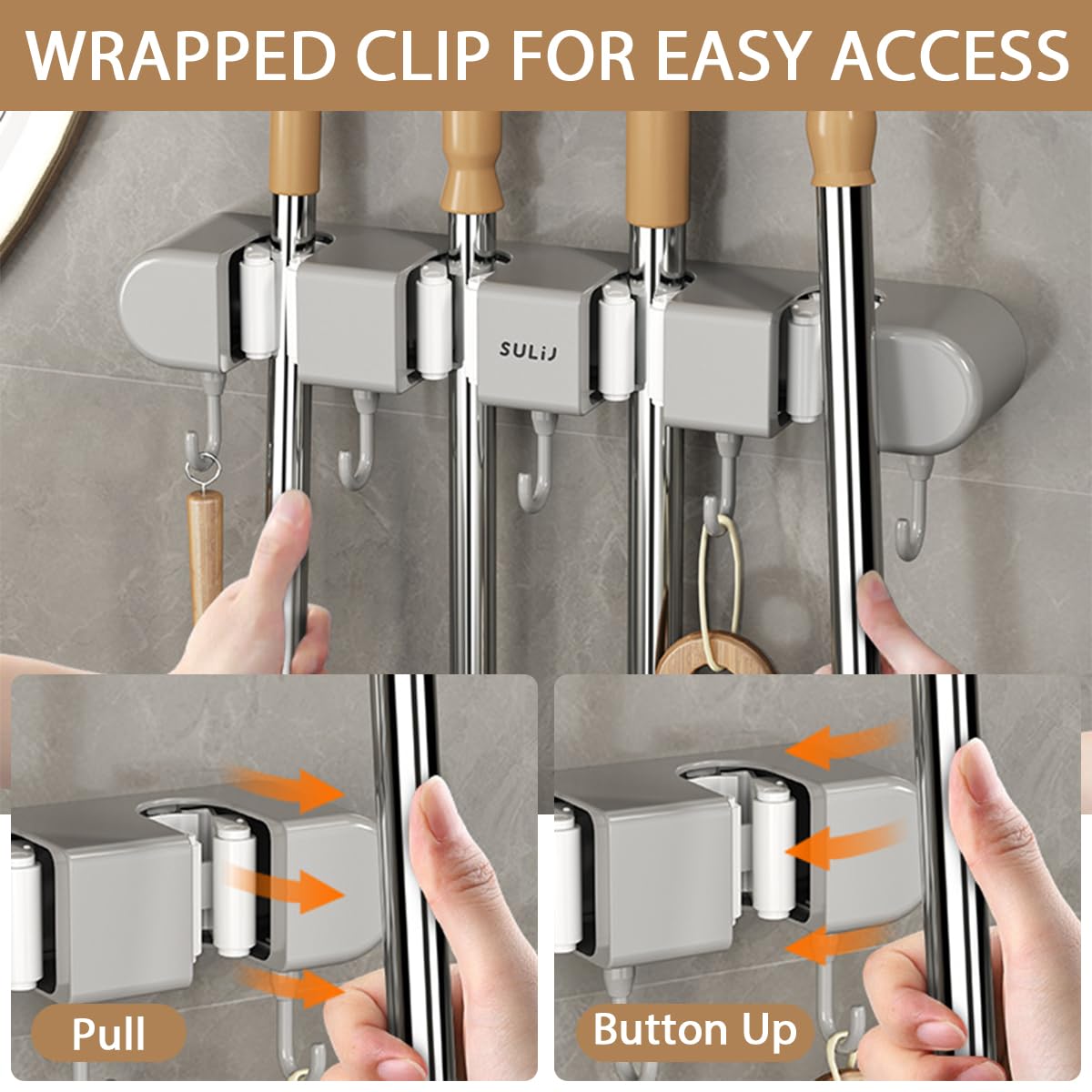 3PCS 4 Racks and 5 Hook Broom Mop Holder with Hooks Wall Mounted Broom Storage Rack No Drilling Self-Adhesive Mop Broom Organizer Mop Holder Hanger for Bathroom Office Kitchen Closet Garage,Gray