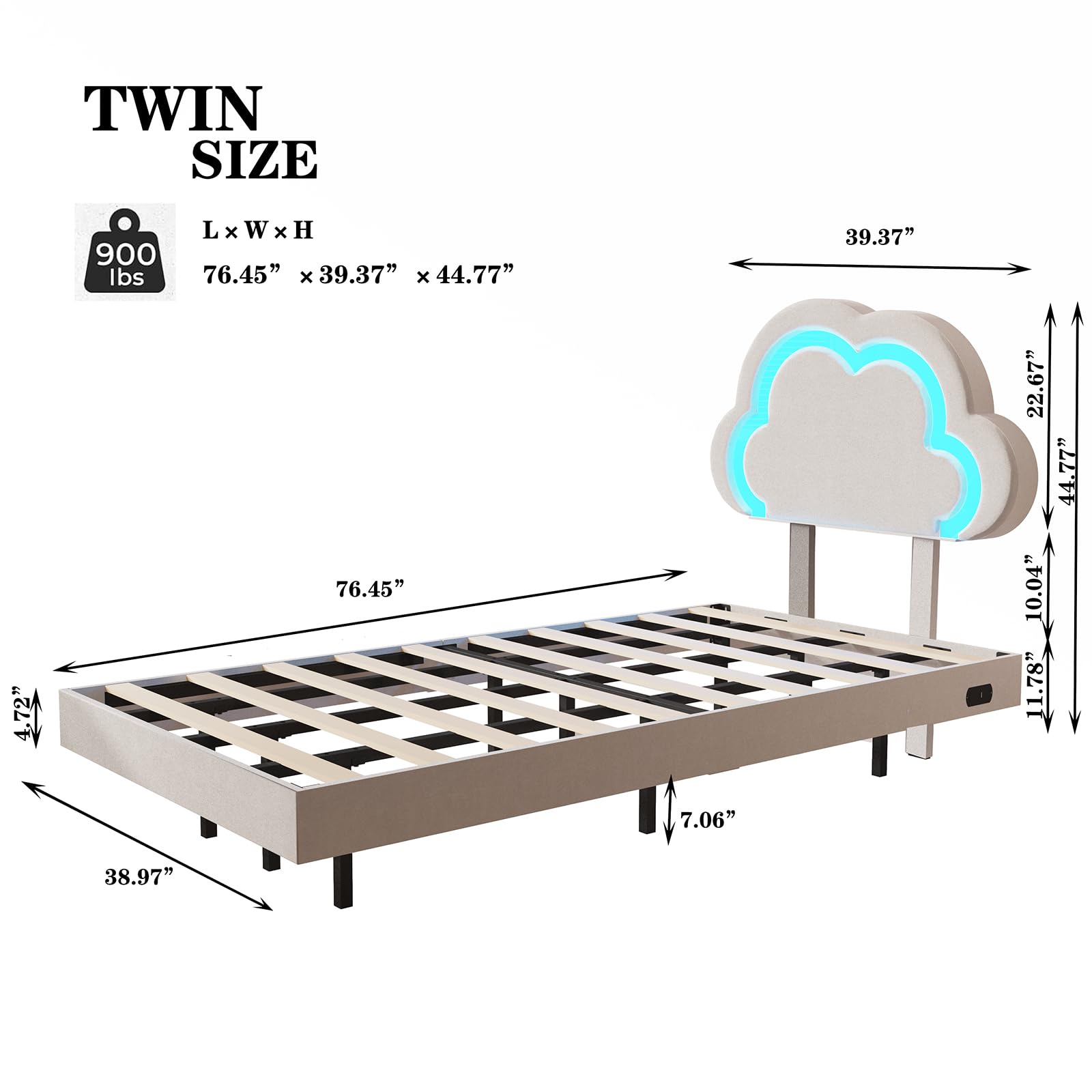 SAVOLIFE LED Floating Bed Frame with Cute Headboard, Twin Size, Velvet Upholstered Platform Bed Frame with Charging Station, Girl Woman Gifts, No Box Spring Needed, Beige